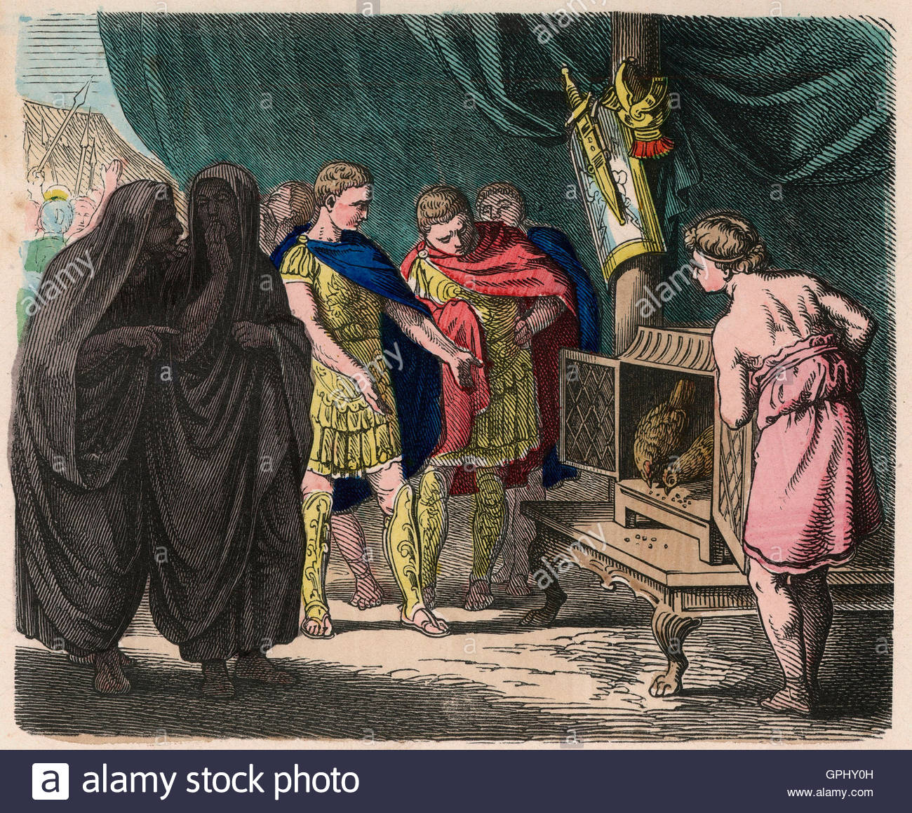 Ancient Rome: The Oracle of the Sacred Chickens - Coloured engraving ...