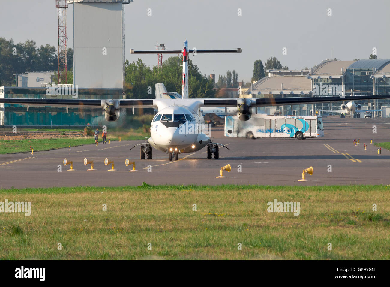 Kiev, Ukraine - July 27, 2012: ATR-72 regional plane front view at the ...