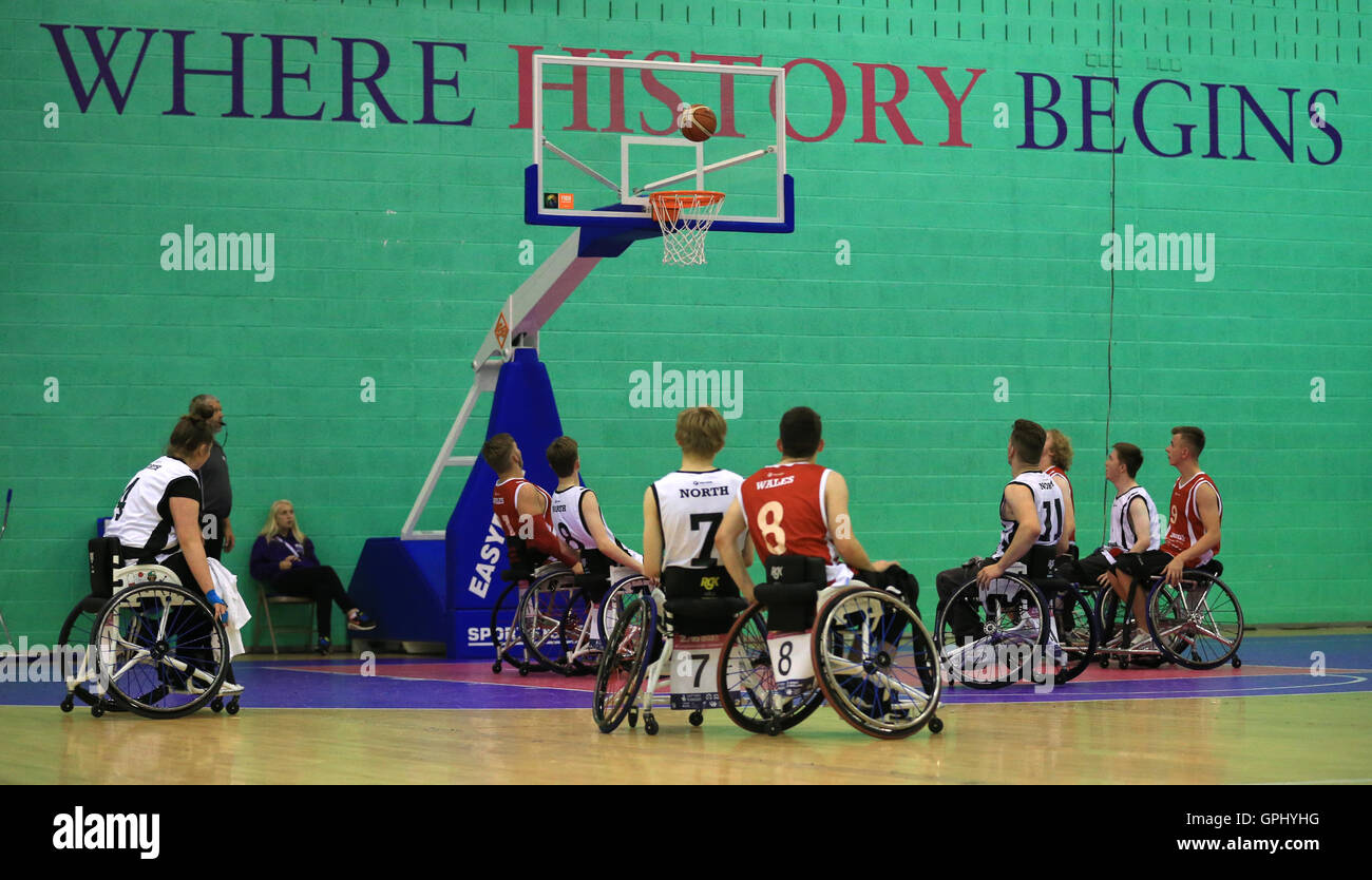 Action between Wales (red) and England North in the wheelchair ...