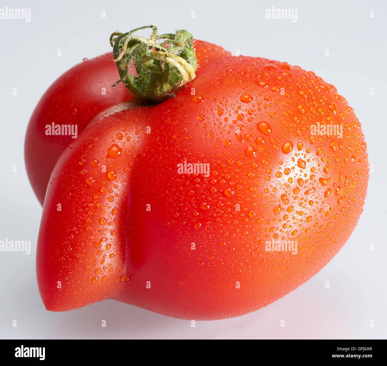 strange shaped red wet tomato in light grey back Stock Photo - Alamy
