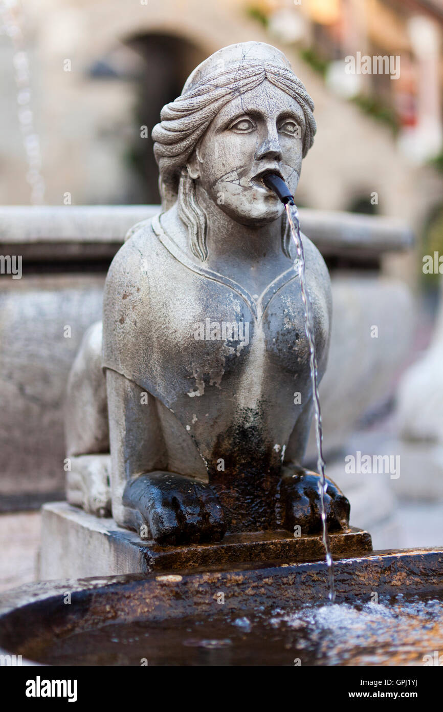 Contarini Fountain detail at Piazza Vecchia in the morning in Bergamo ...