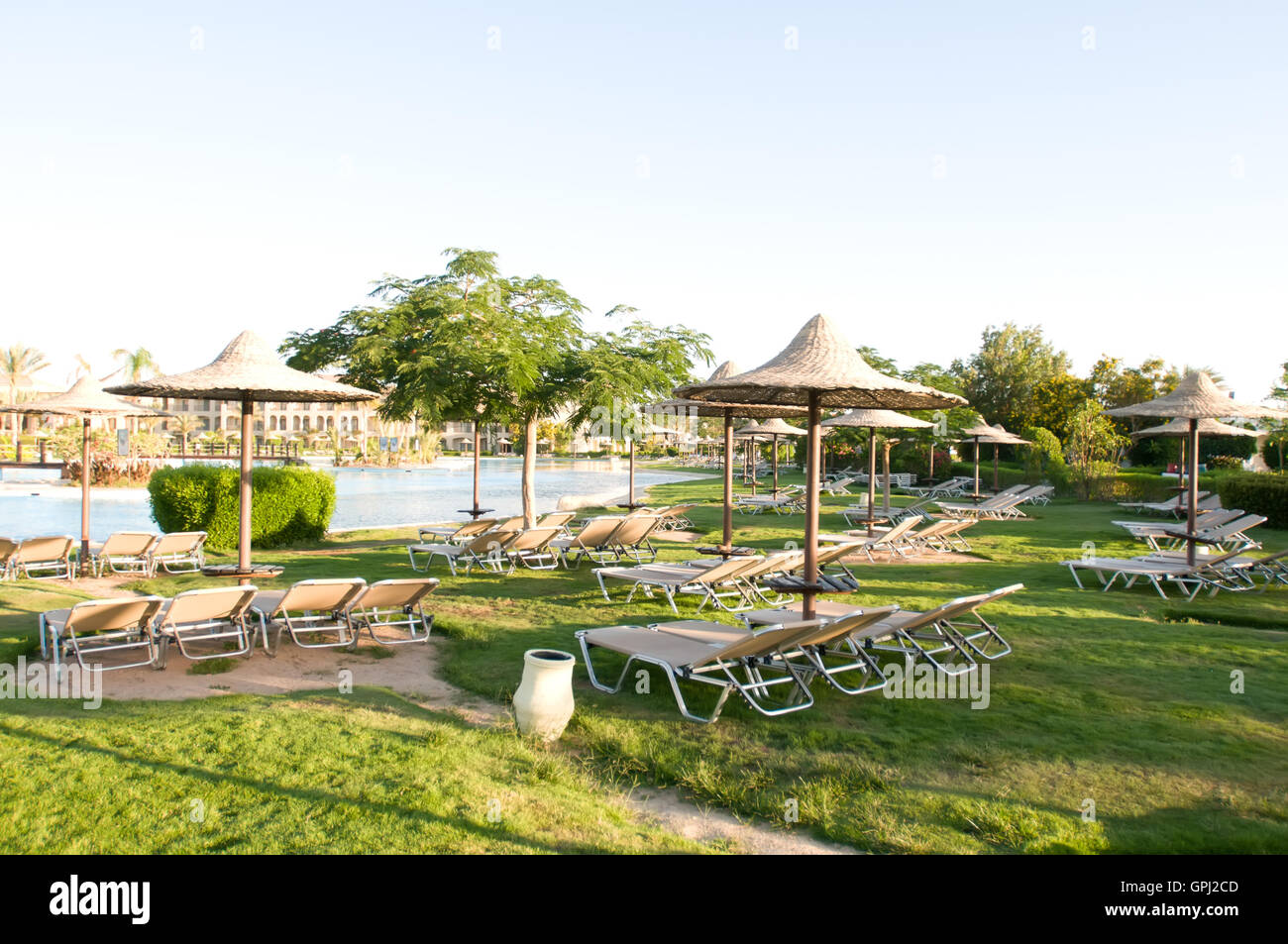 Sunbeds and parasols in hotel outdoor Stock Photo - Alamy