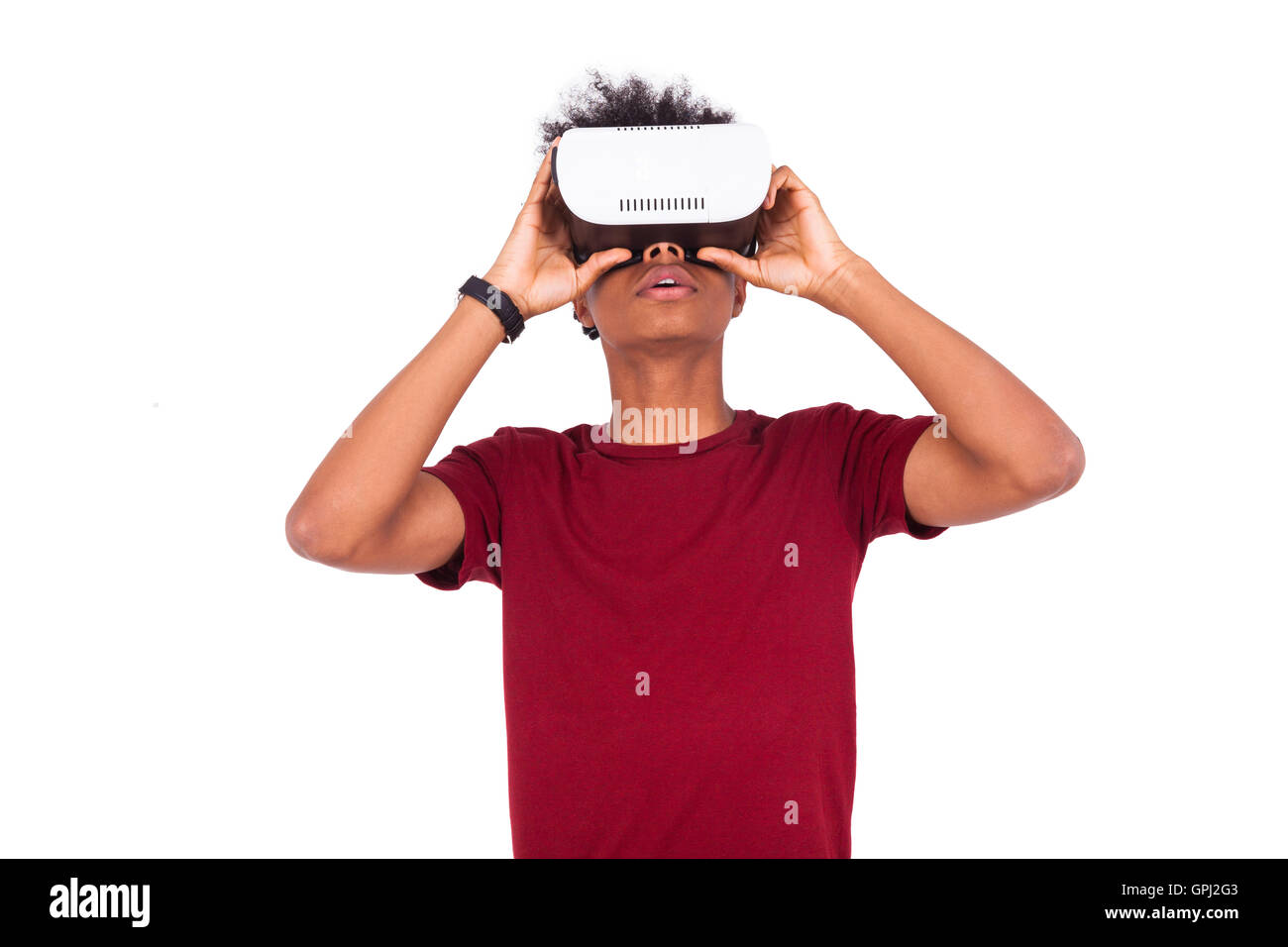 African American young man wearing vr virtual reality headset over ...