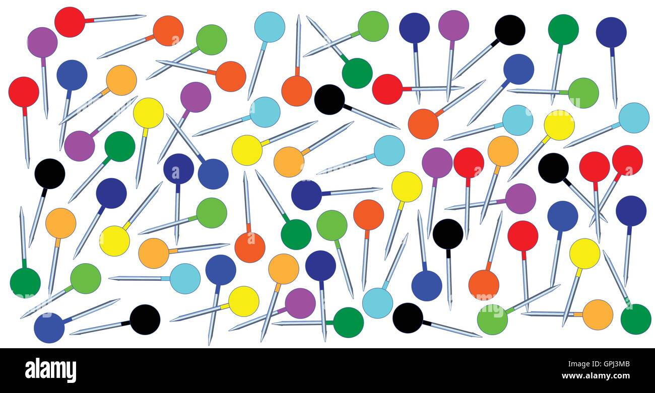 S collection of random spaced small map knob pins over a white ...