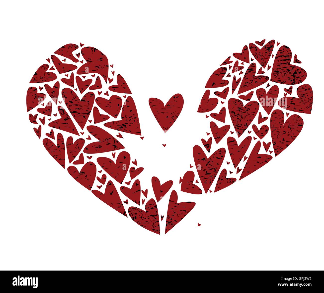 A large broken heart made up of several smaller hearts with one flying ...