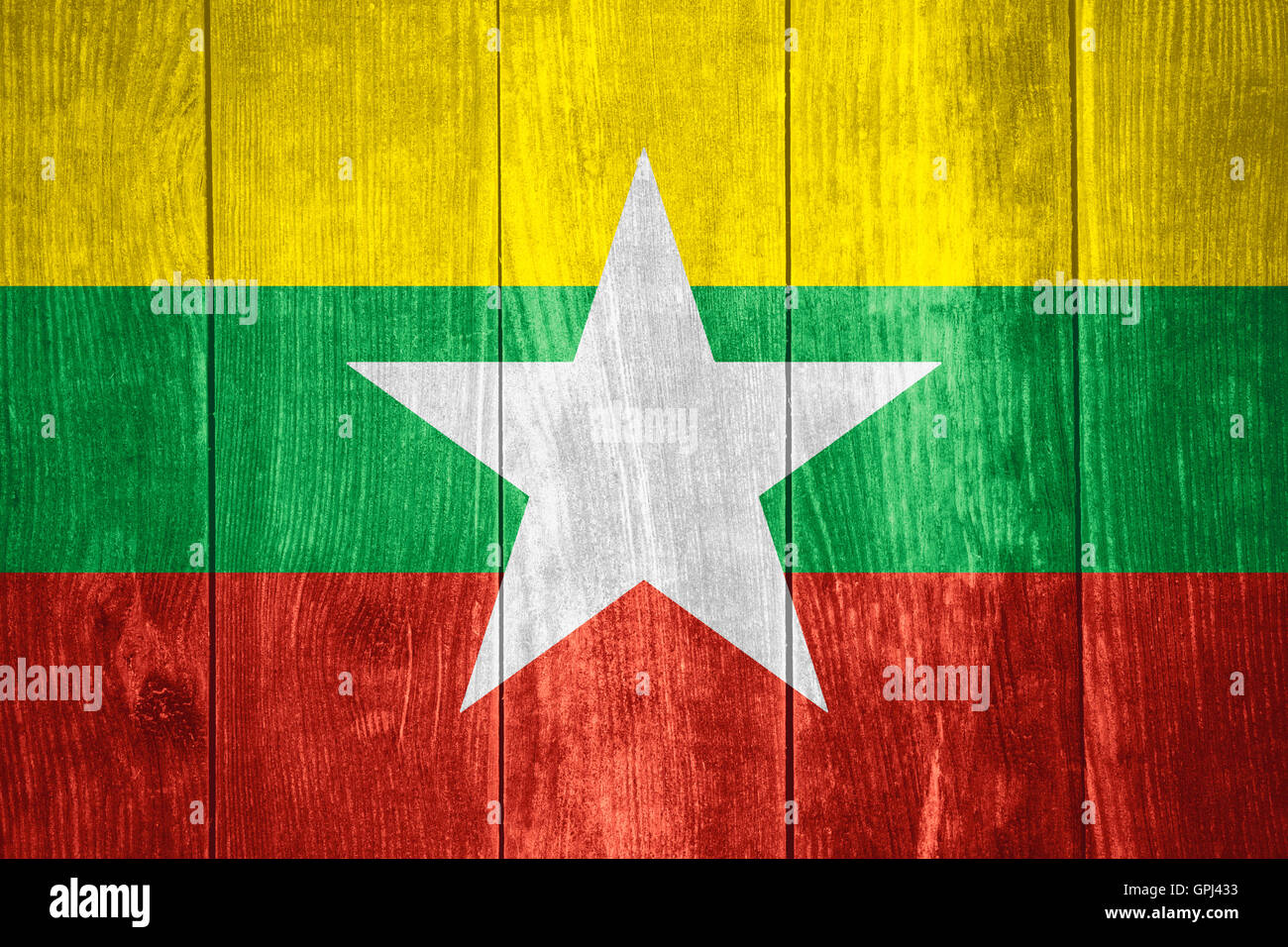 flag of Burma or Burmese banner on wooden background, Myanmar Stock ...