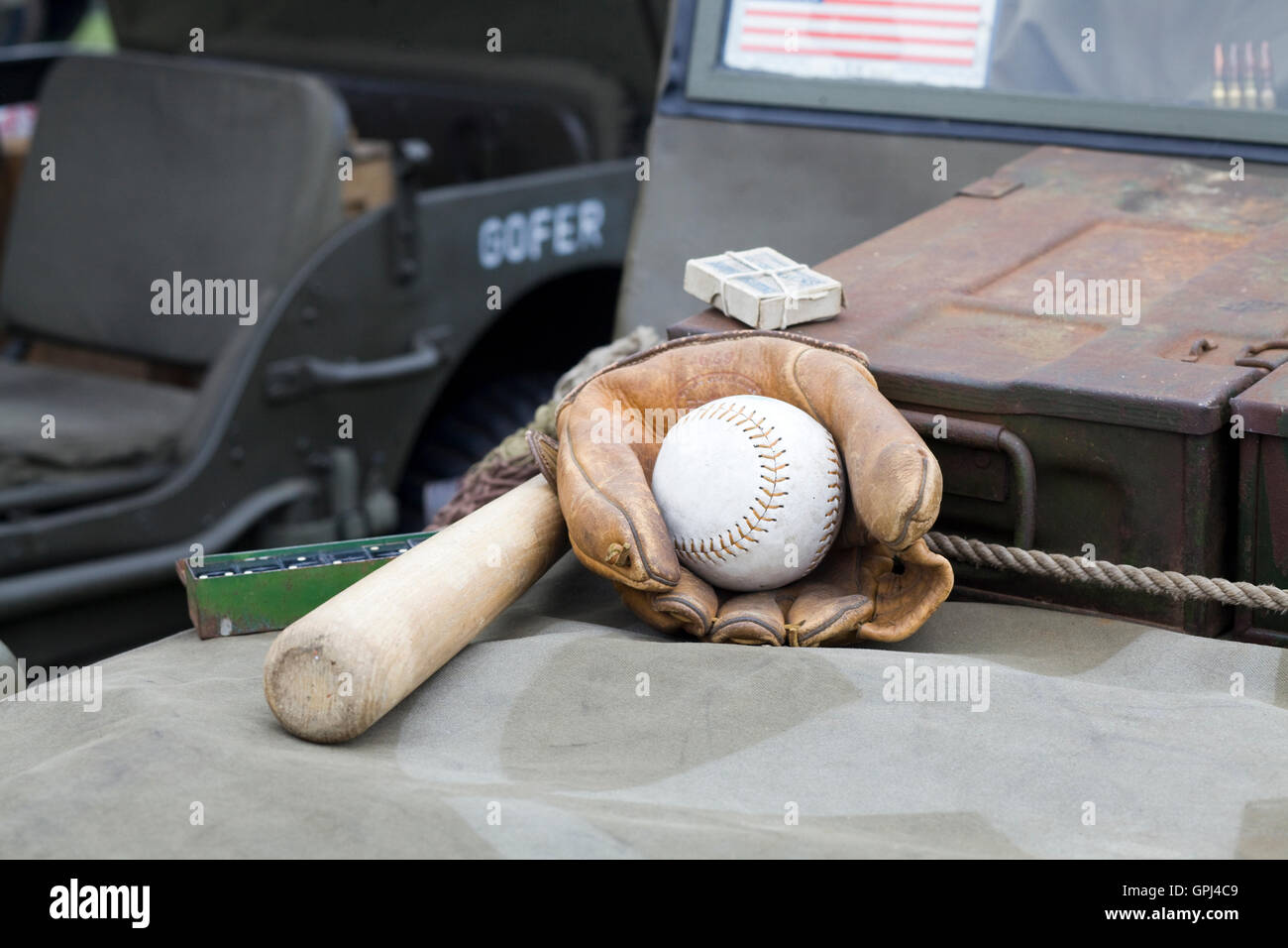 World War 11 USA Jeep with a Baseball Bat, glove and ball Stock Photo ...