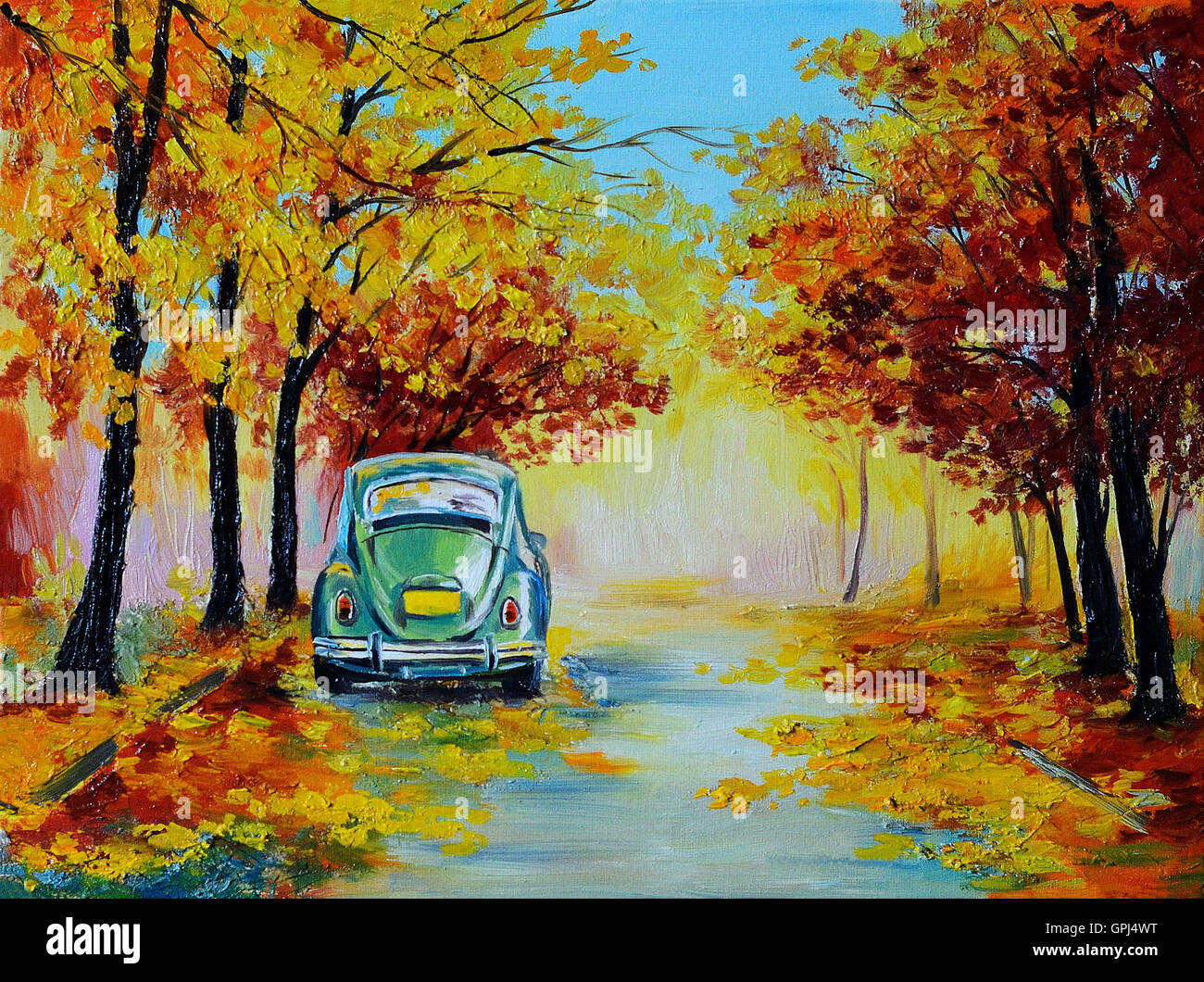 Oil painting landscape - car in the colorful autumn forest road, made ...