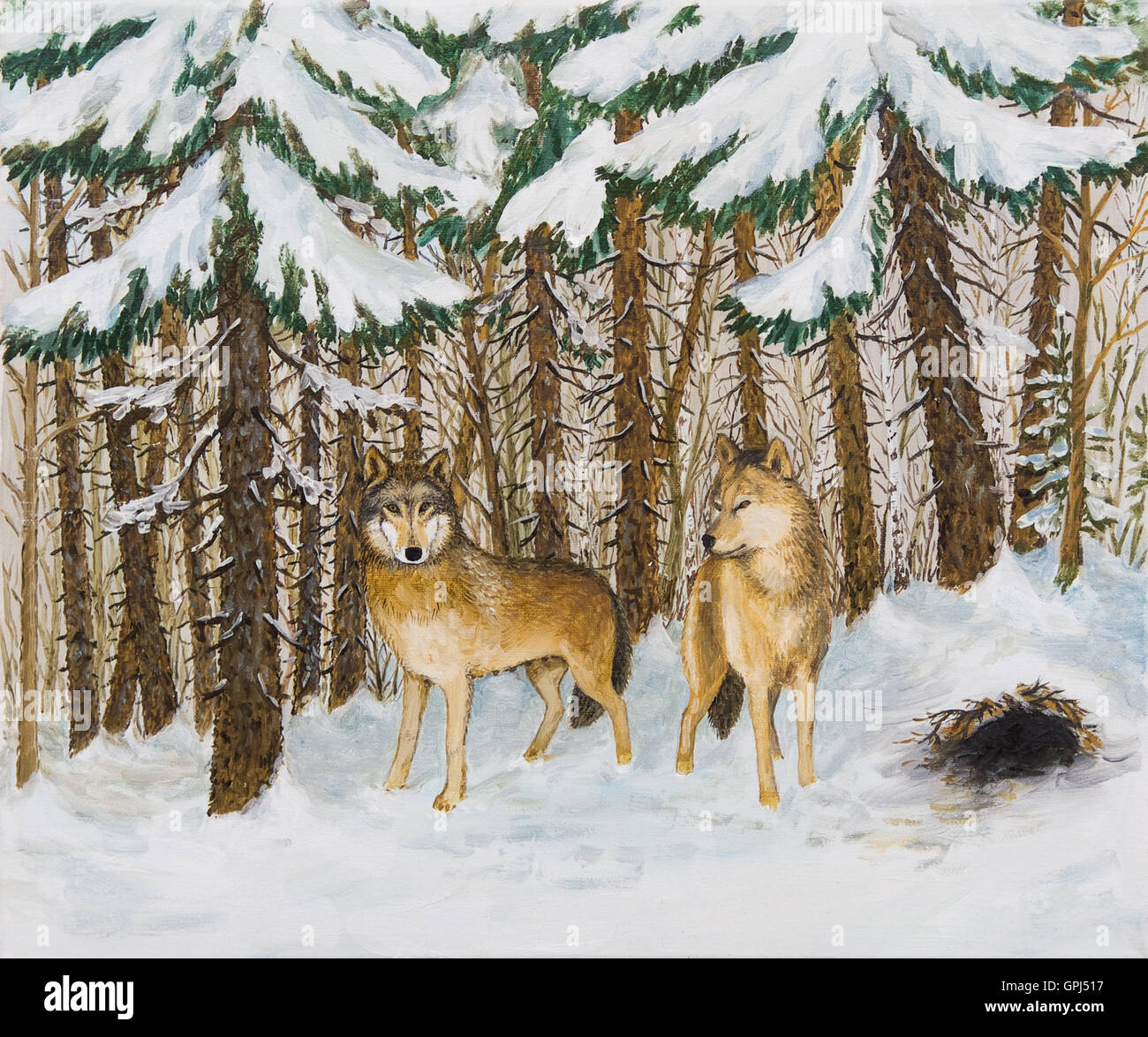 oil painting - wolves in the pine forest, Russian winter, colorful ...