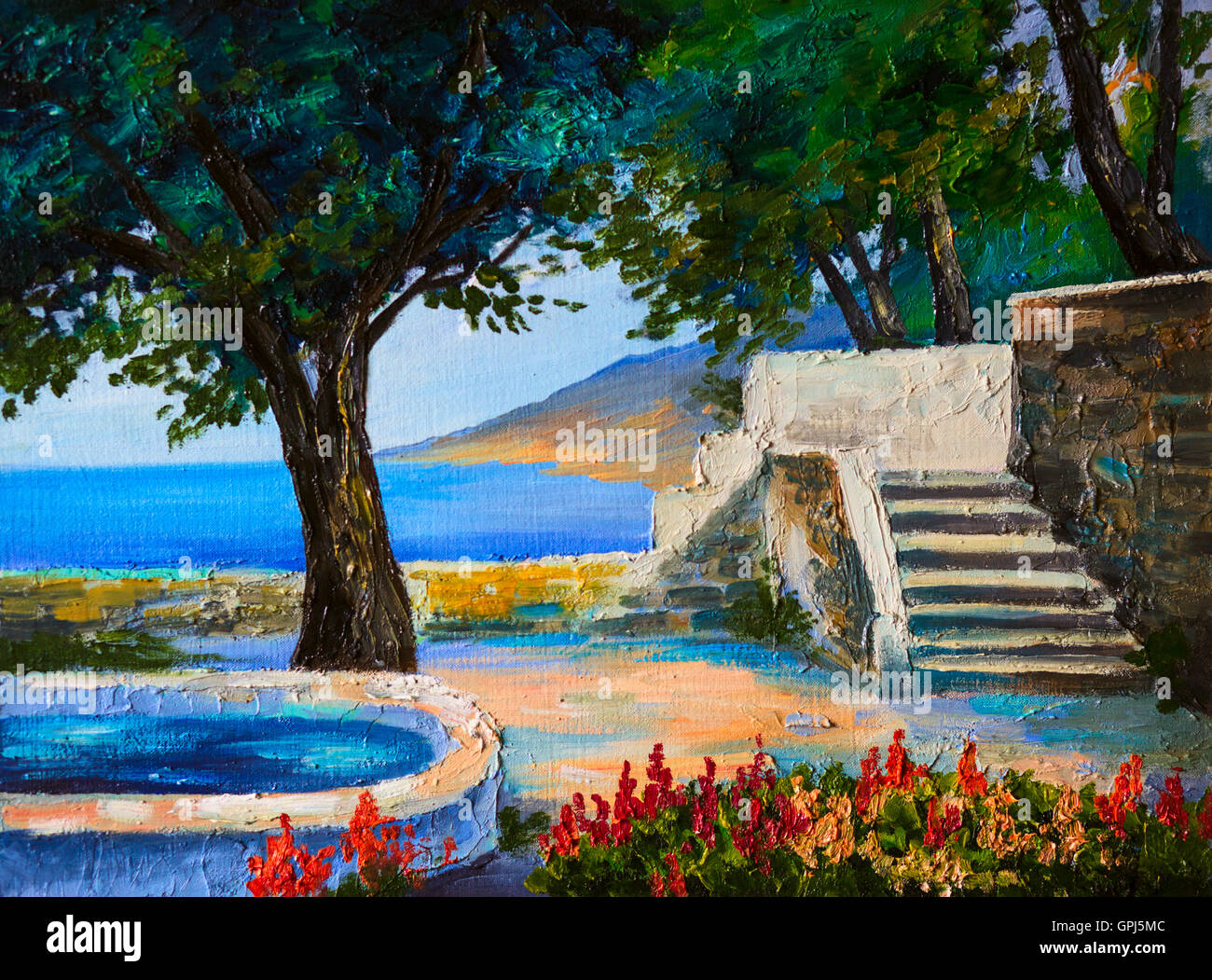Oil painting landscape - terrace near the sea, flowers Stock Photo - Alamy