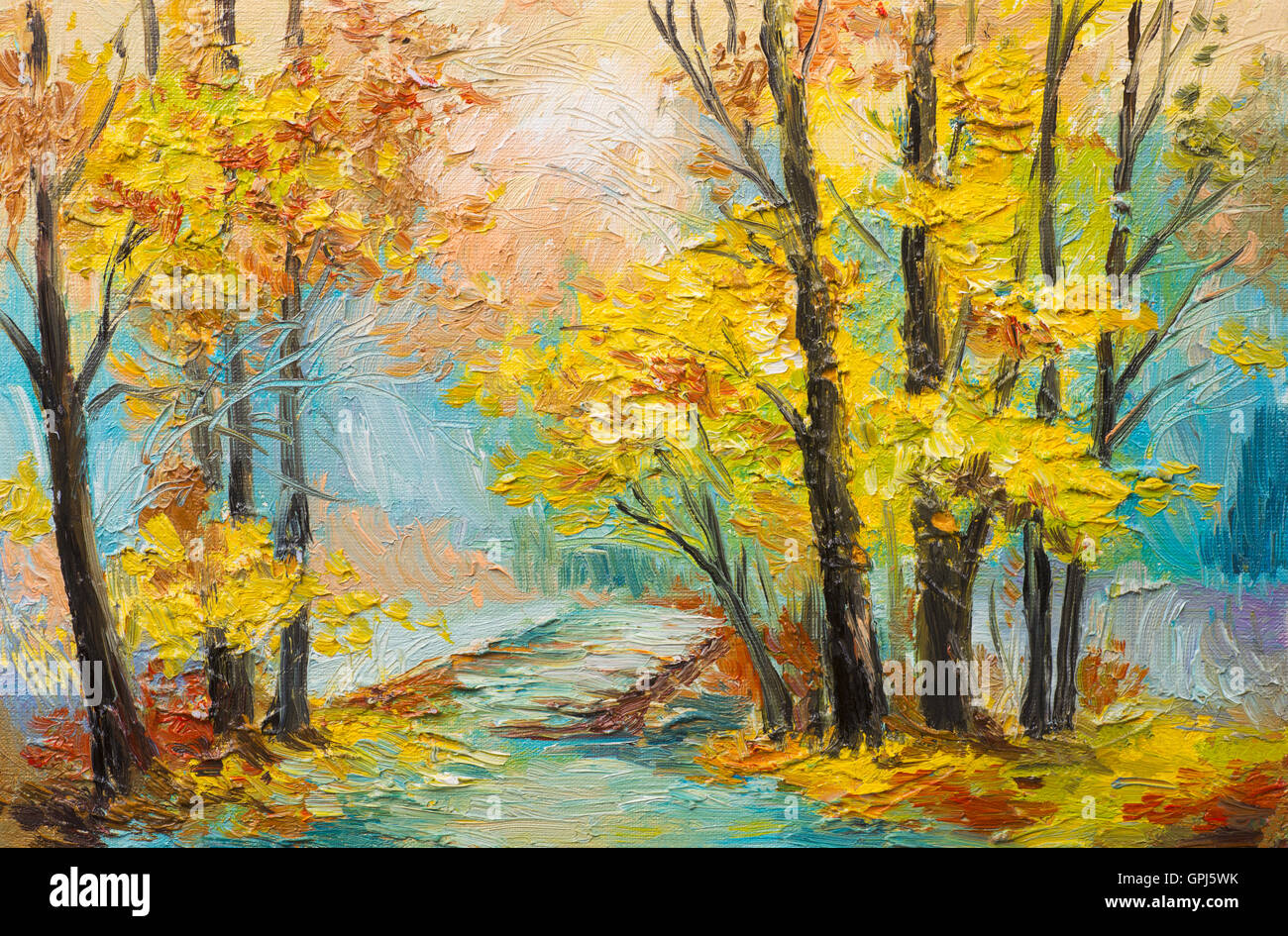 Oil painting landscape - colorful autumn forest Stock Photo - Alamy