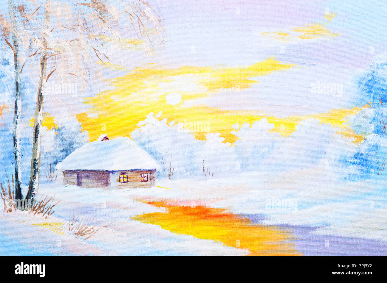 oil painting of winter snow landscape Stock Photo - Alamy