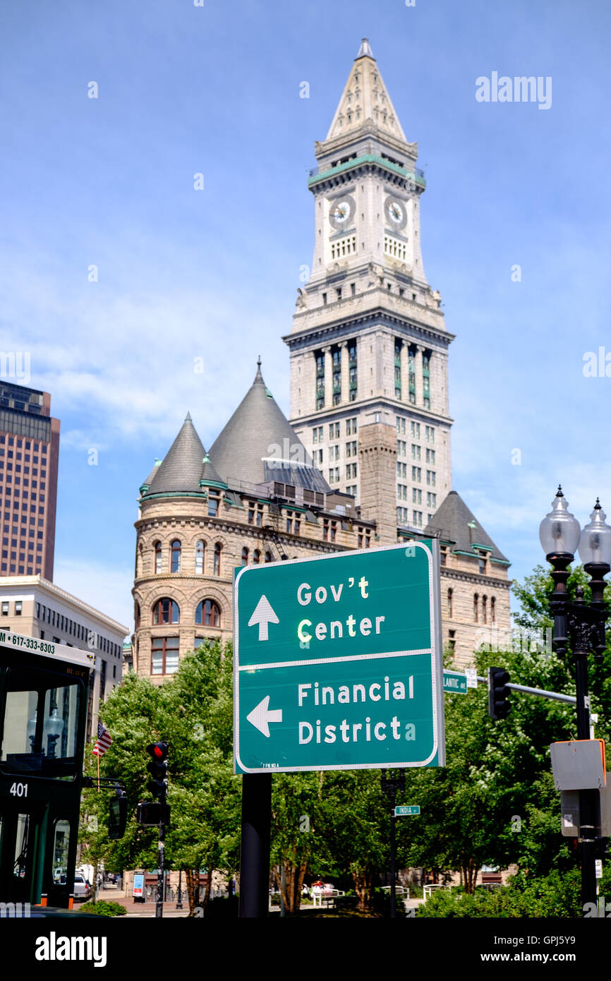 Sign for financial district and government center in waterfront area of ...