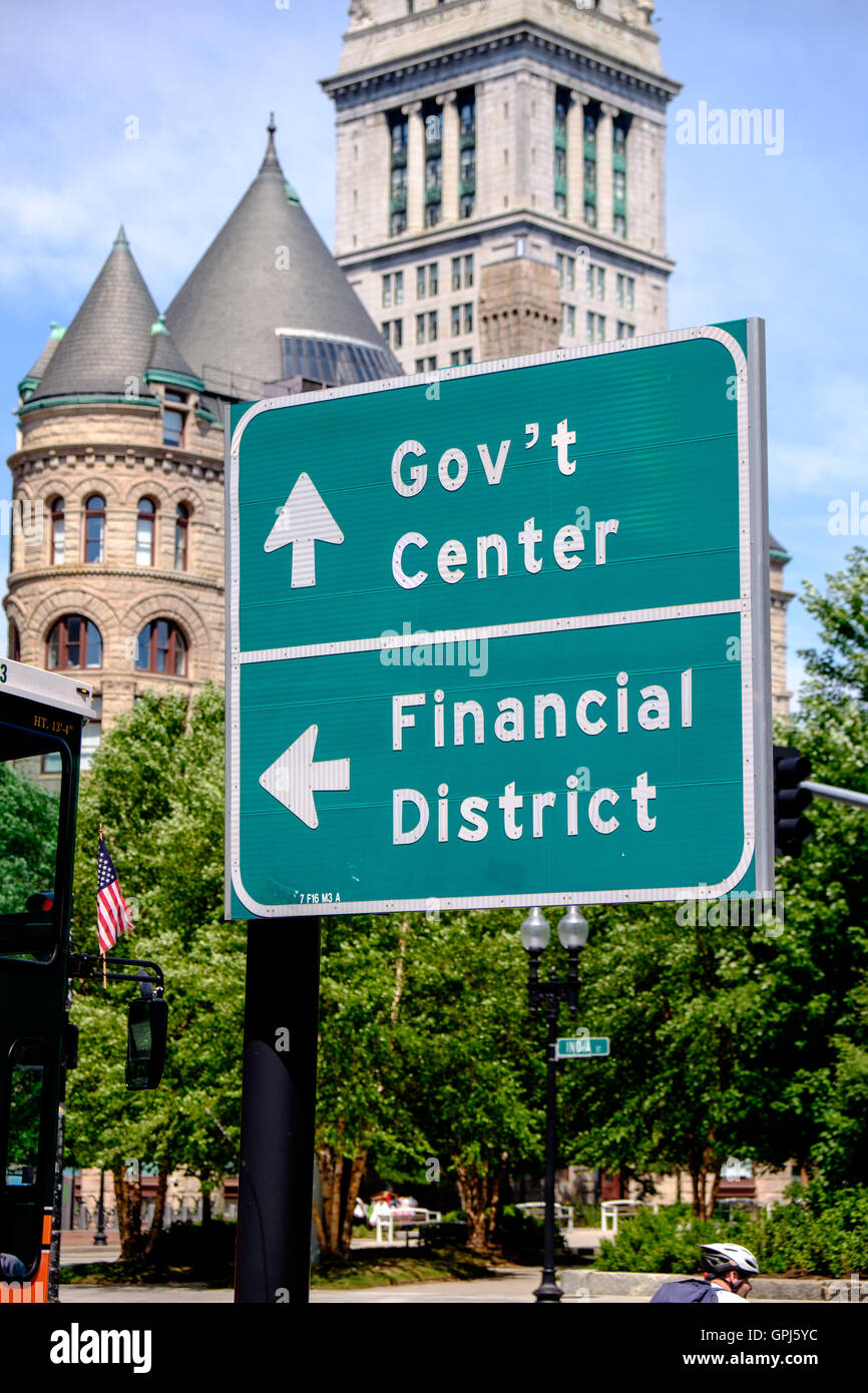 Sign for financial district and government center in waterfront area of ...