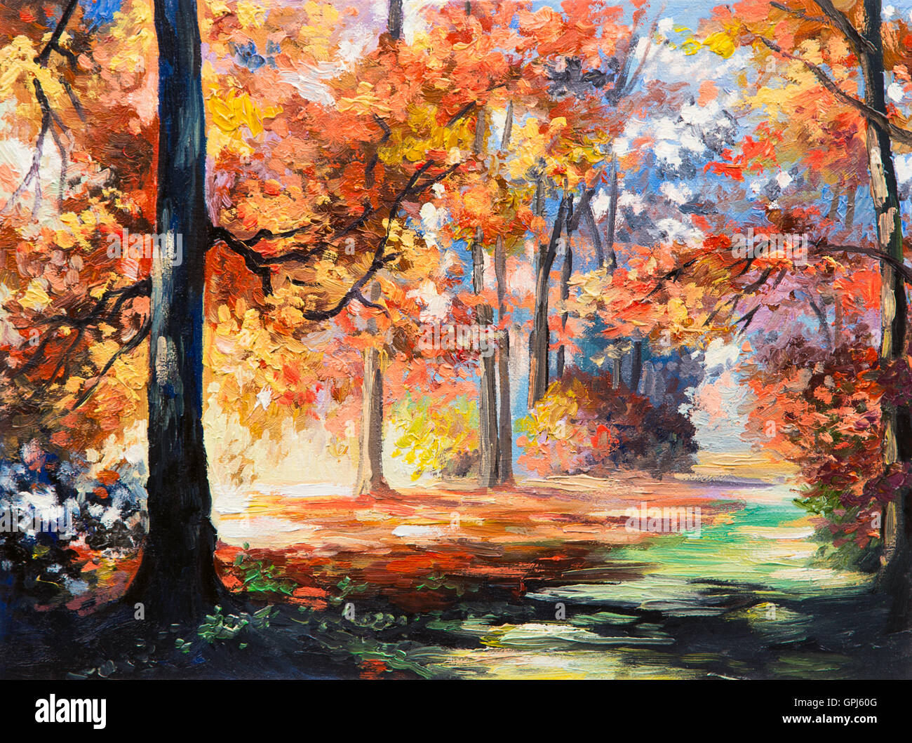 Oil painting landscape - colorful autumn forest, trail in the forest ...