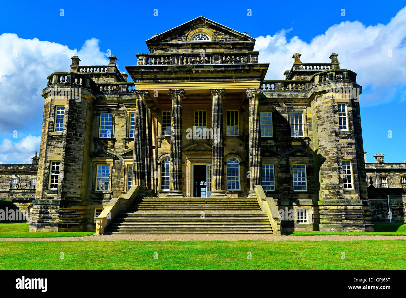 Seaton Delaval Hall front aspect cloud in blue sky Stock Photo - Alamy