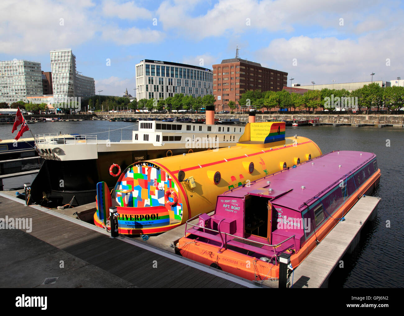 Hire boats moored in the docks at Liverpool, England, Europe Stock ...