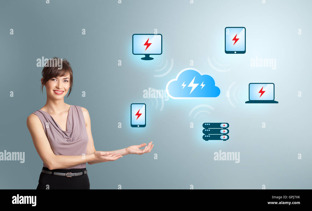 Young woman presenting cloud computing network Stock Photo - Alamy