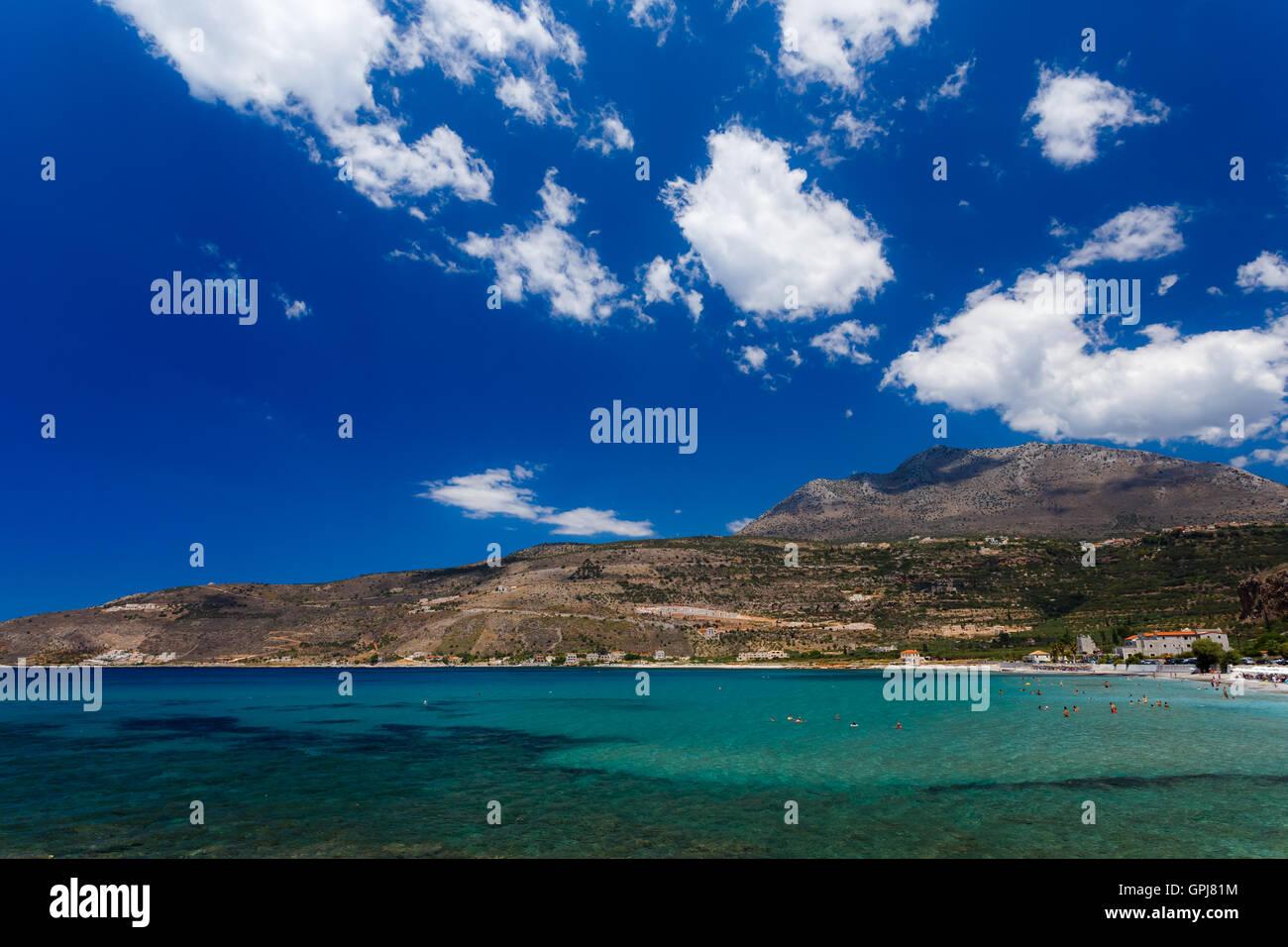 Panoramic view of Neo Itilo bay showcasing the vivid colors of Greek ...
