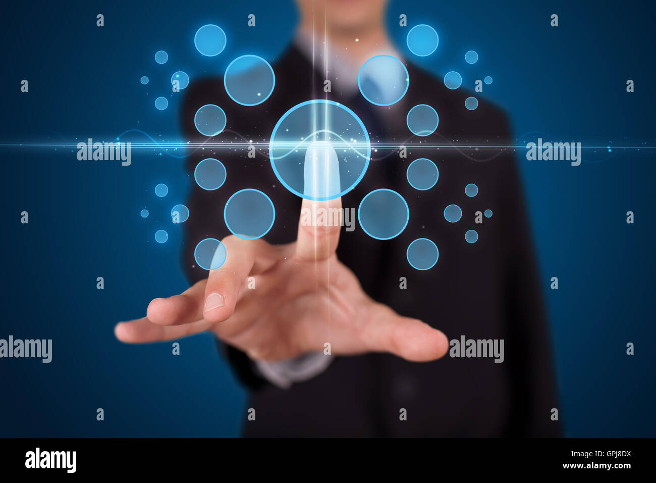 Businessman pressing high tech type of modern buttons Stock Photo - Alamy