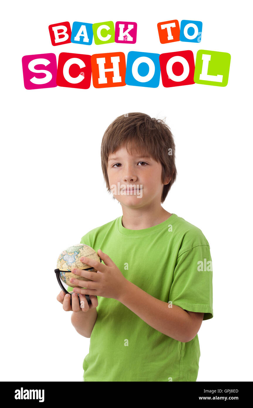 Boy with back to school theme isolated on white Stock Photo - Alamy