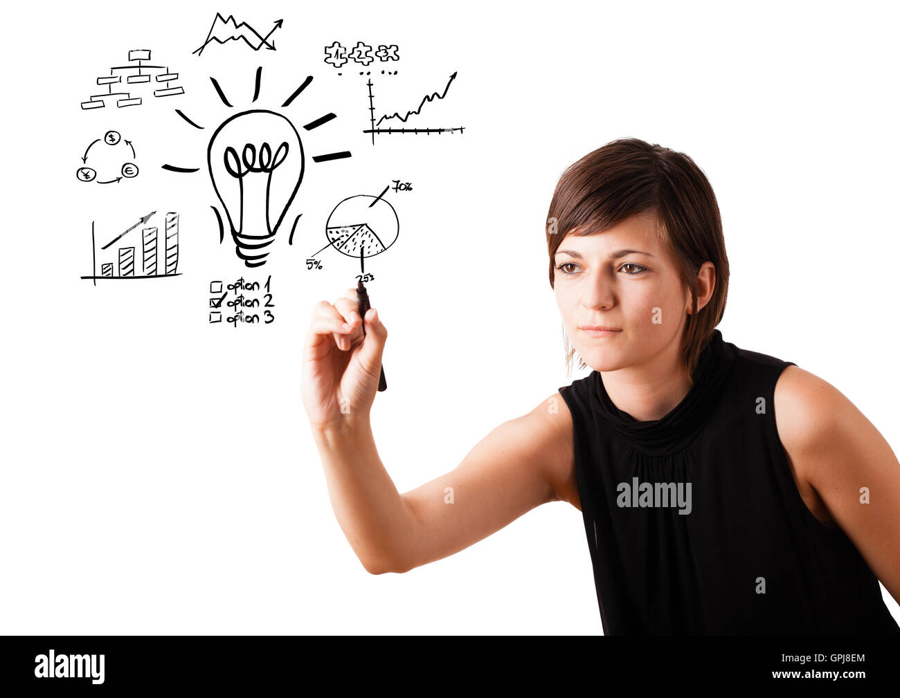 Young business woman drawing light bulb with various diagrams an Stock ...