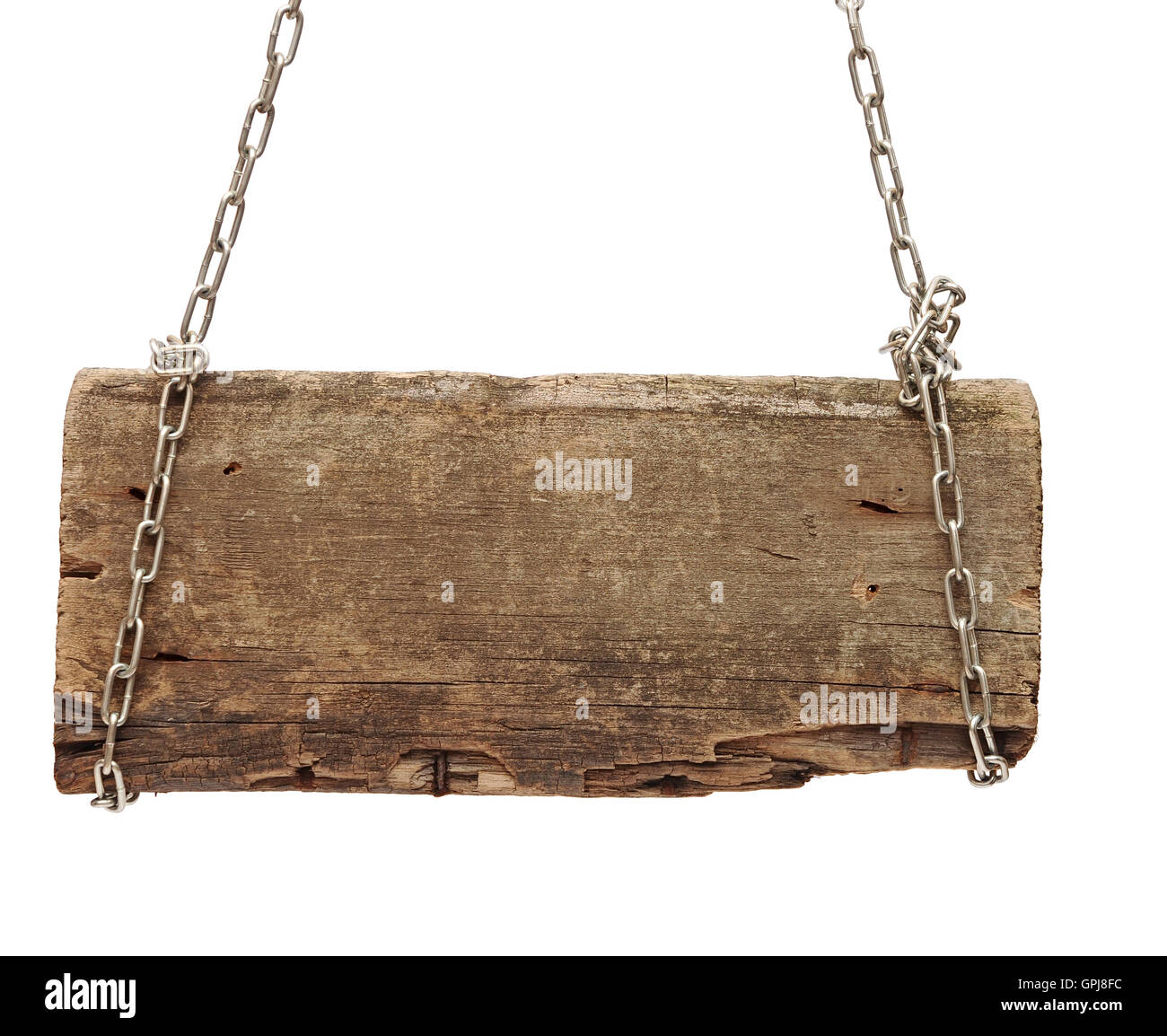 Wooden sign with chain on white background Stock Photo - Alamy