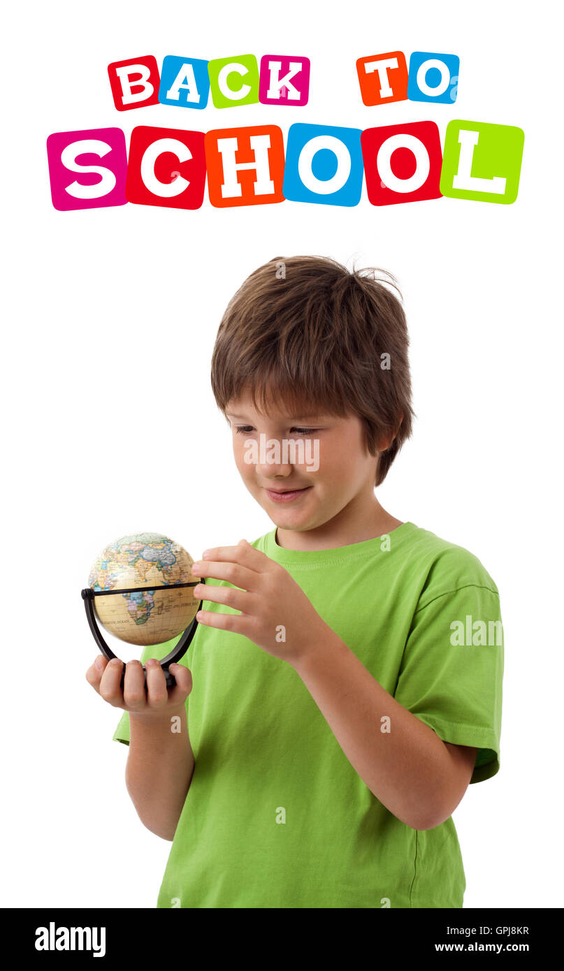 Boy looking with back to school theme isolated on white Stock Photo - Alamy
