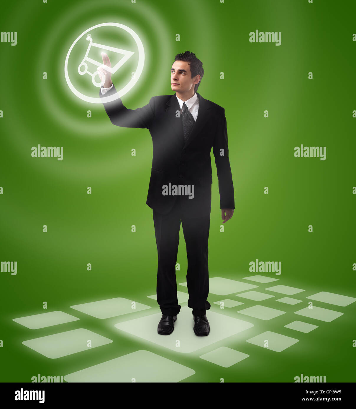 Business man pressing button Stock Photo - Alamy