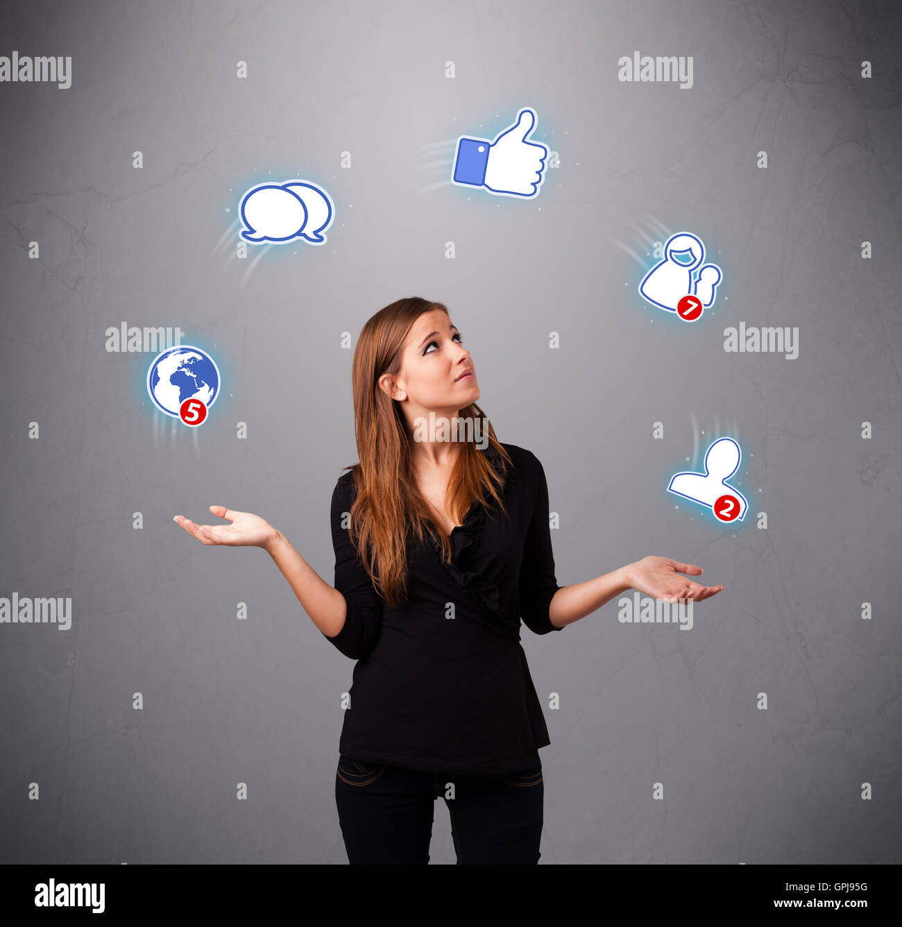 attractive young woman juggling with social network icons Stock Photo ...