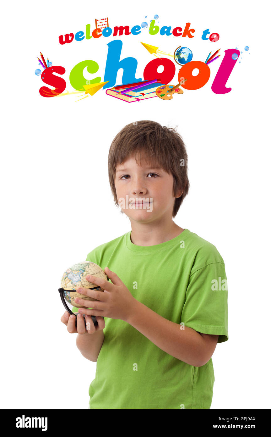 Boy with back to school theme isolated on white Stock Photo - Alamy