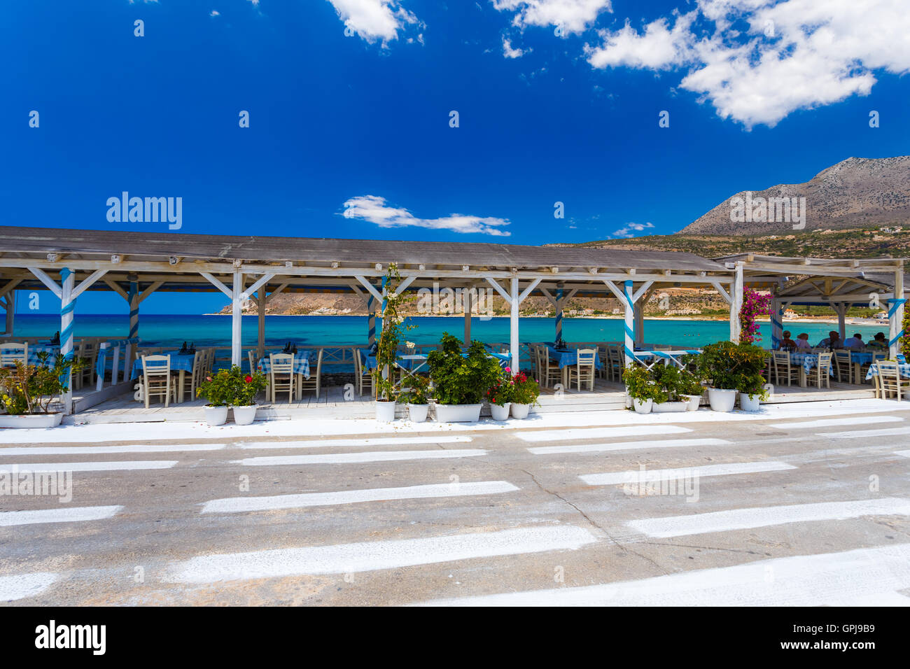 View of traditional Greek fish tavern in Neo Itilo fish village located ...