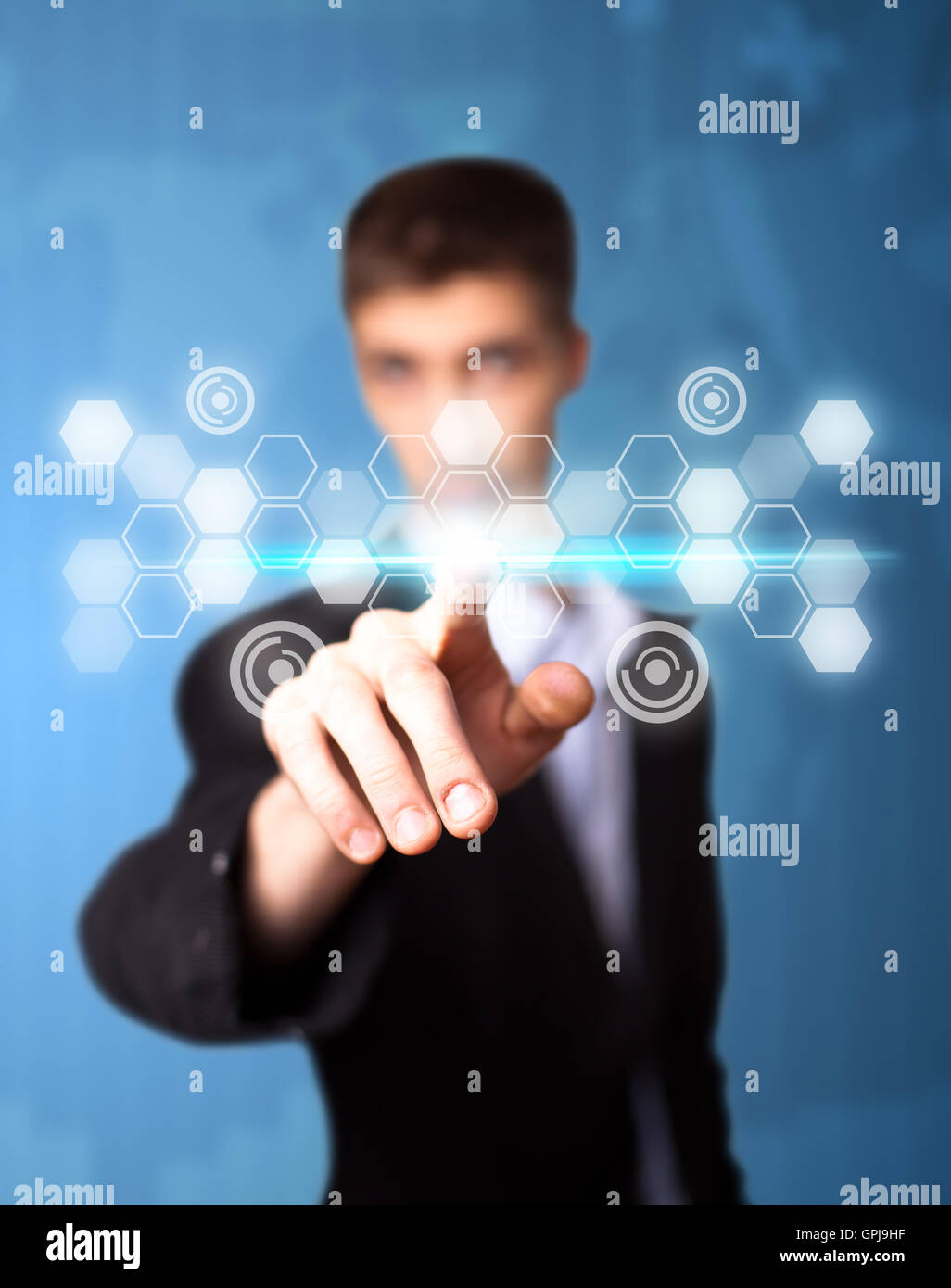 Man pressing digital button Stock Photo - Alamy