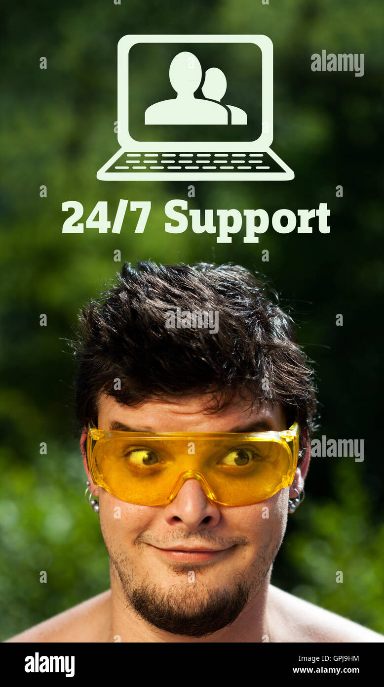 Young head looking at support contact type of icons and signs Stock ...