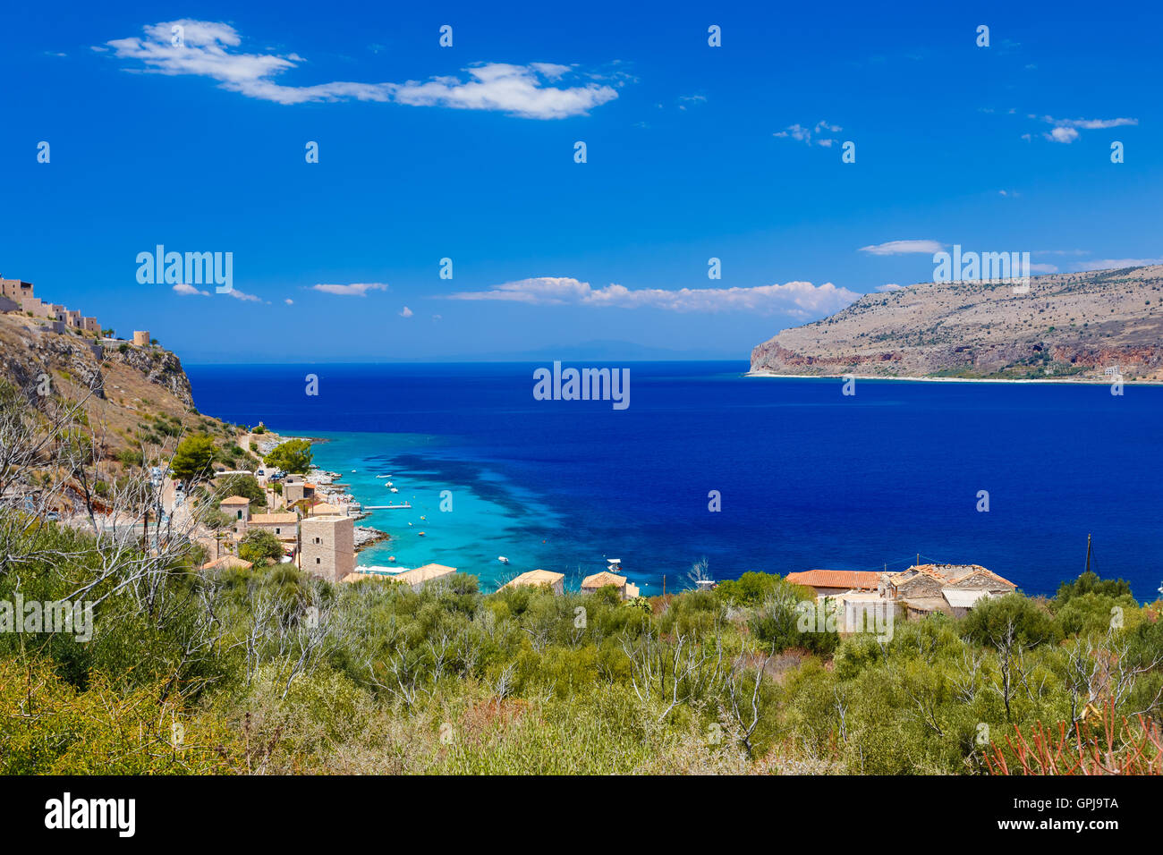 View of Limeni village, a traditional style fish village located in ...