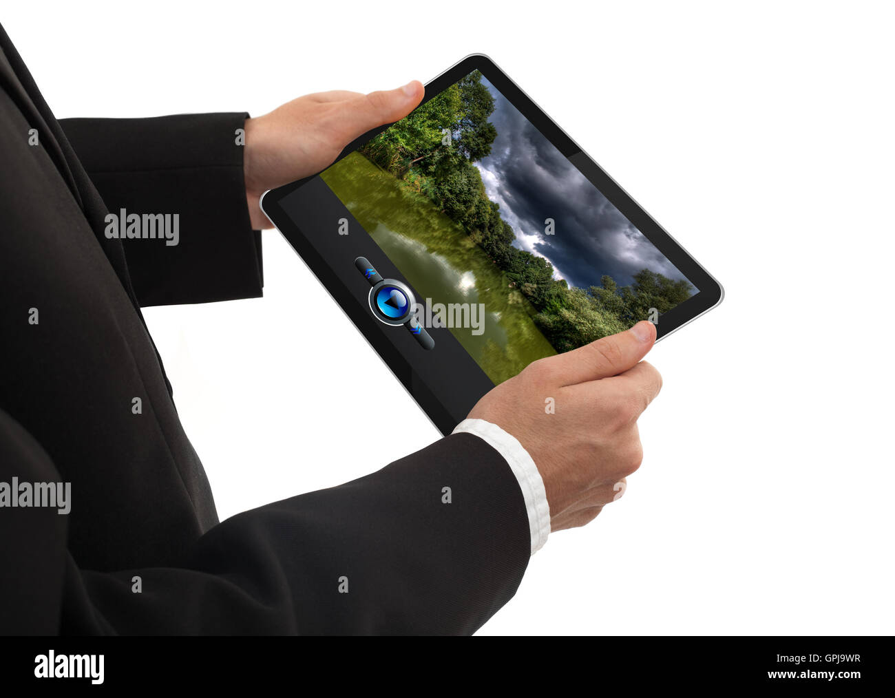 male hand holding a touchpad pc showing a movie Stock Photo - Alamy