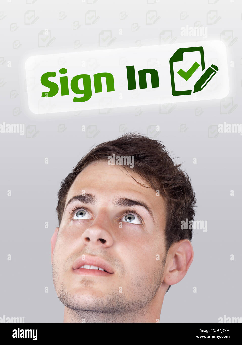 Young head looking at internet type of icons Stock Photo - Alamy