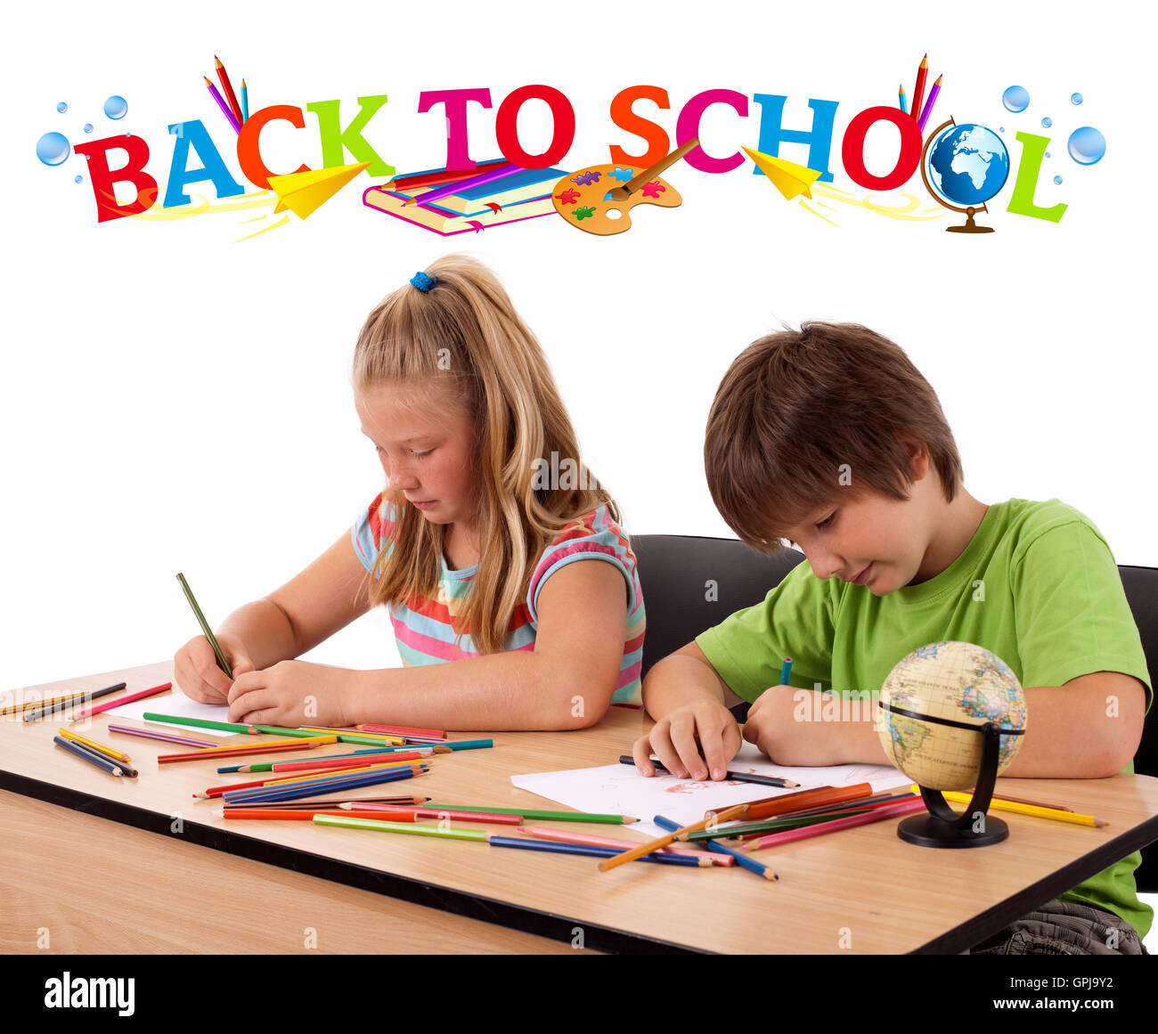 Kids looking with back to school theme isolated on white Stock Photo ...
