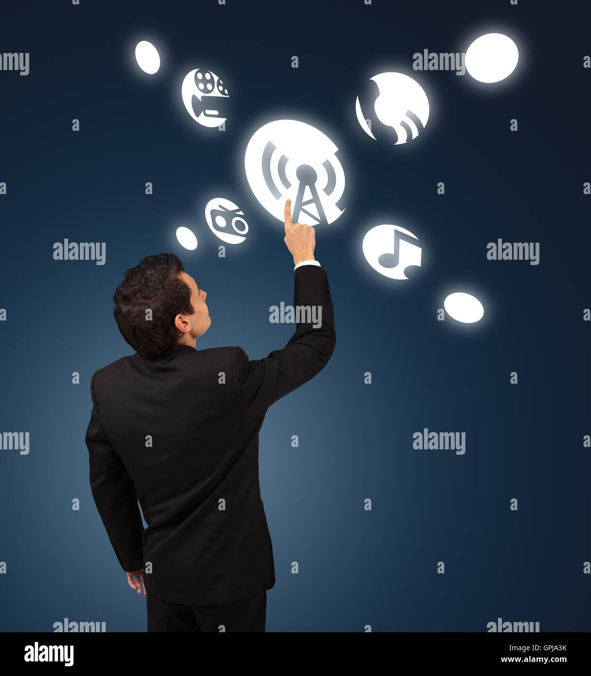 business man pressing touchscreen button Stock Photo - Alamy