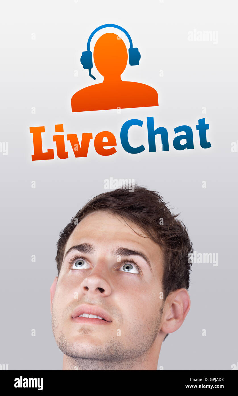 Young head looking at support contact type of icons and signs Stock ...