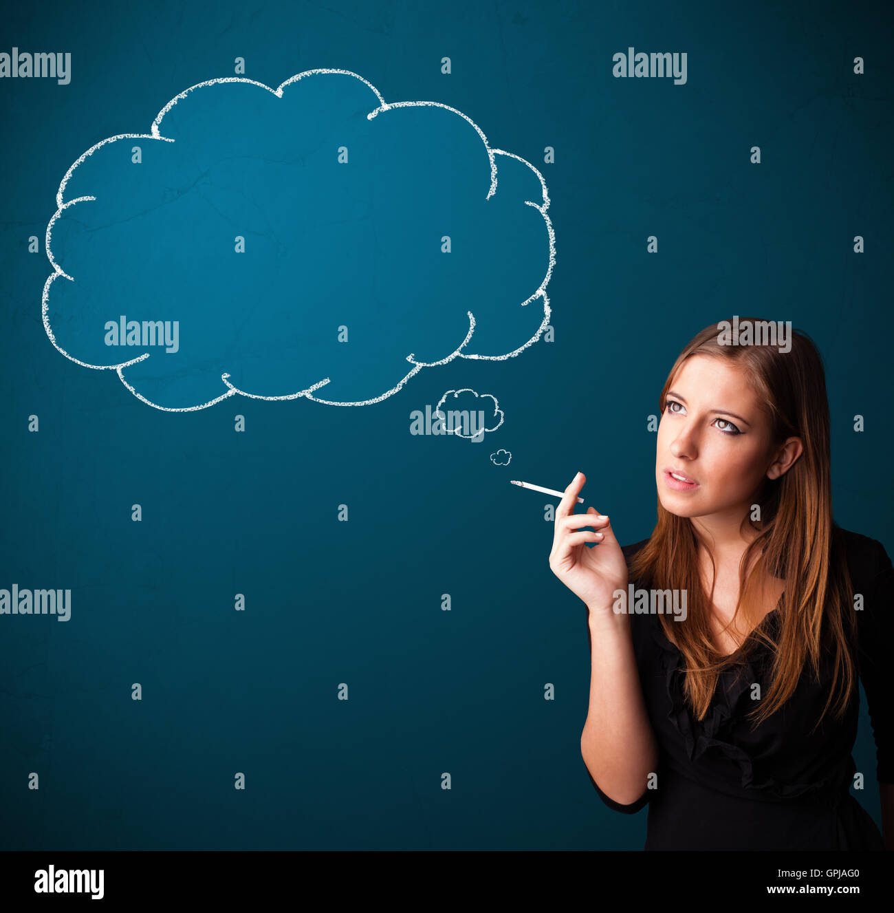 Beautiful lady smoking cigarette with idea cloud Stock Photo - Alamy