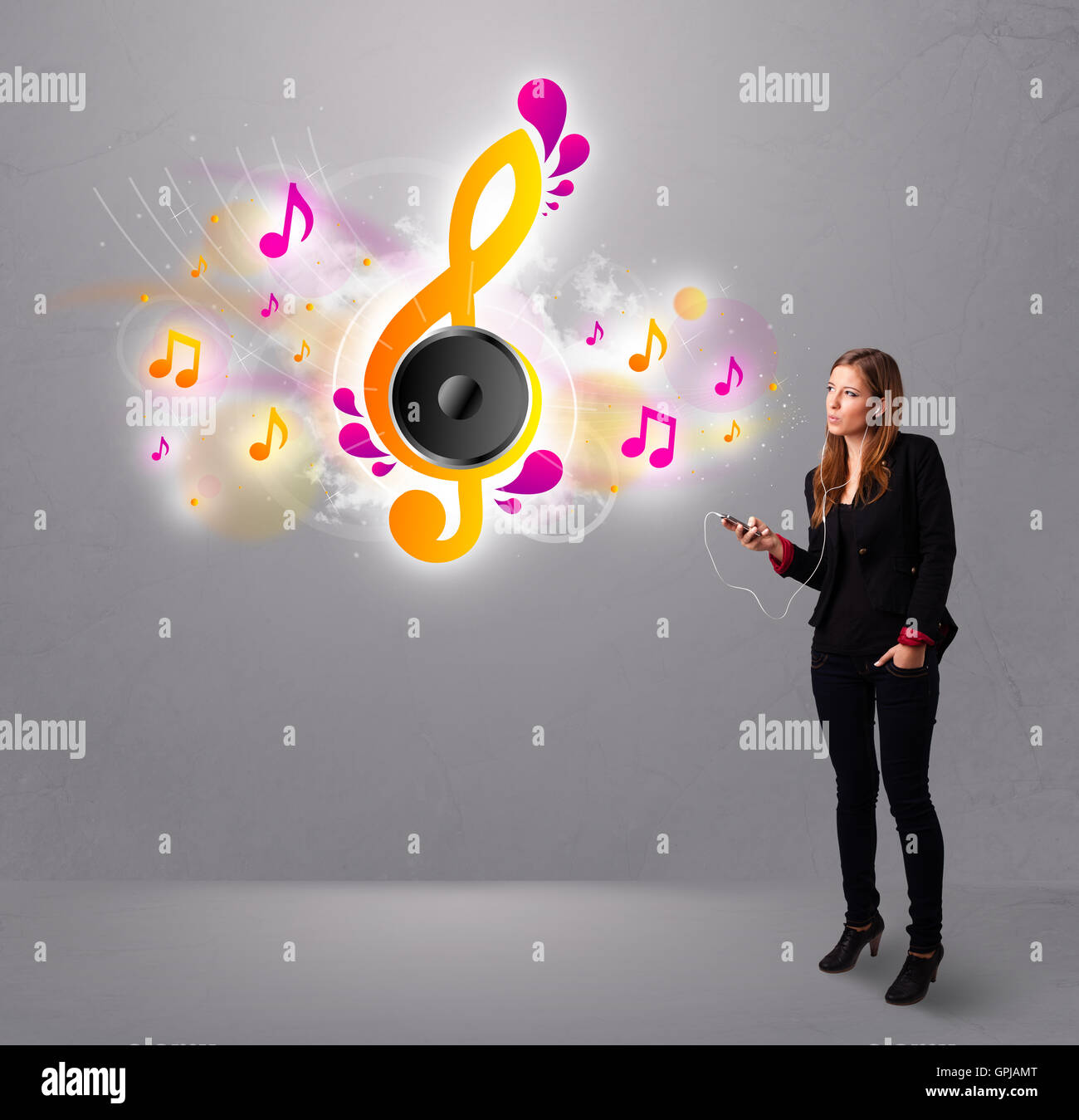 pretty girl singing and listening to music with musical notes Stock ...