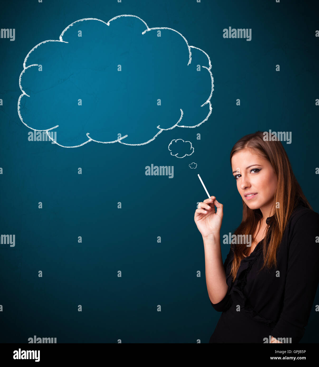 Beautiful lady smoking cigarette with idea cloud Stock Photo - Alamy