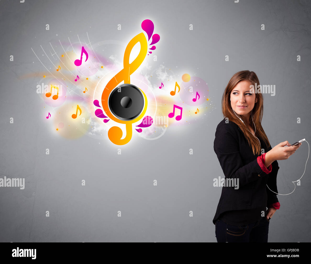 pretty girl singing and listening to music with musical notes Stock ...
