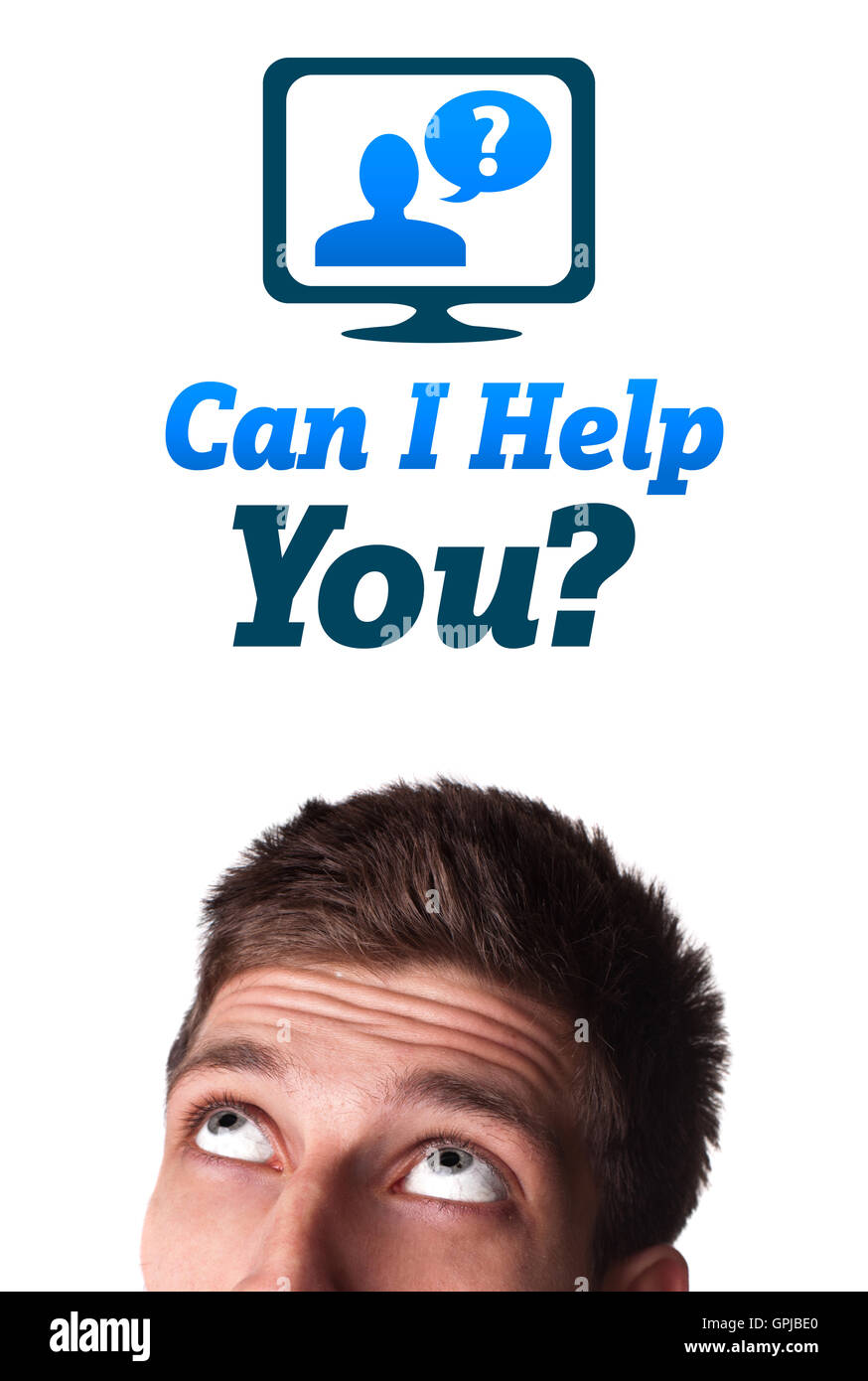 Young head looking at support contact type of icons and signs Stock ...