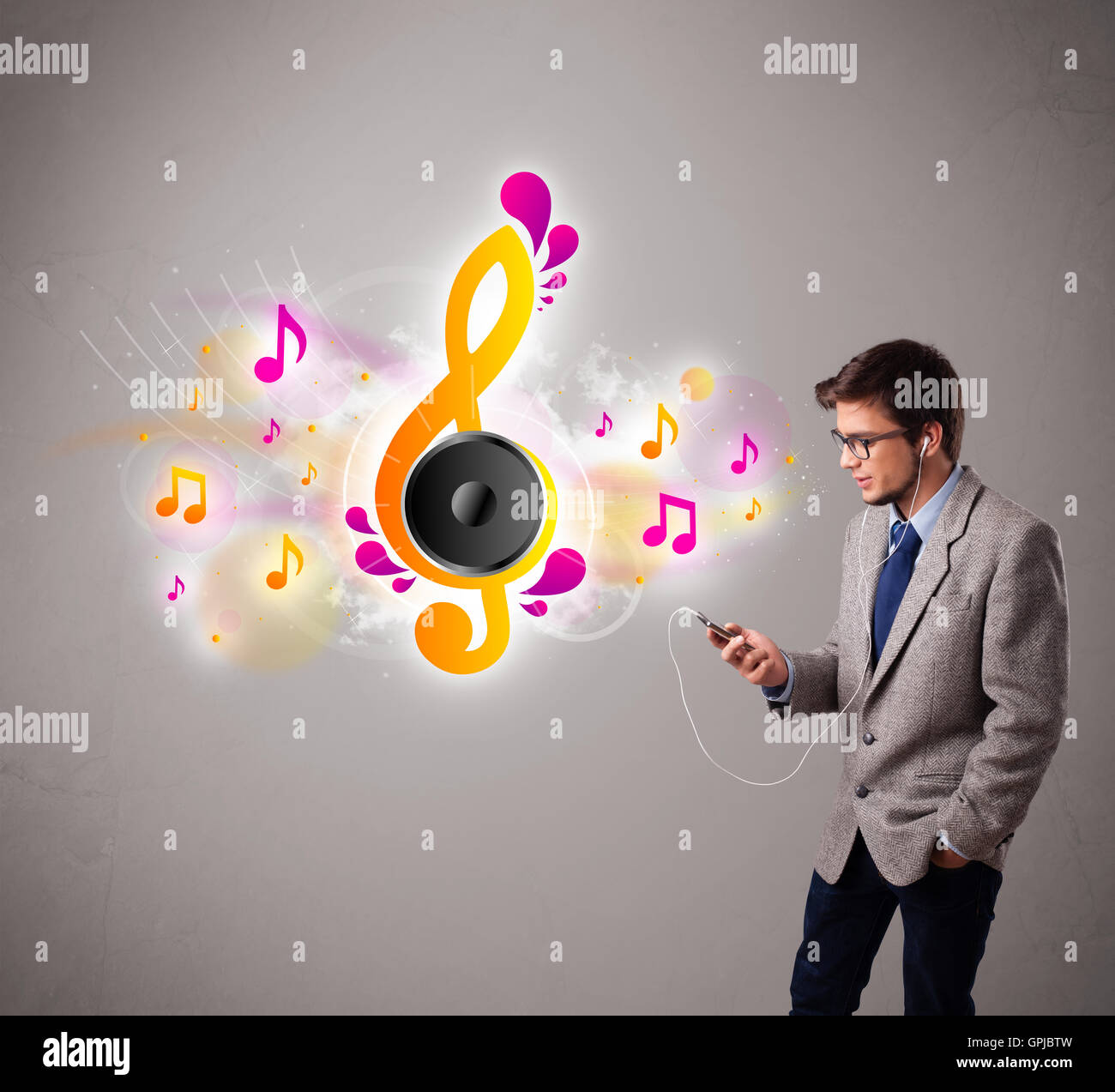 young man singing and listening to music with musical notes Stock Photo ...