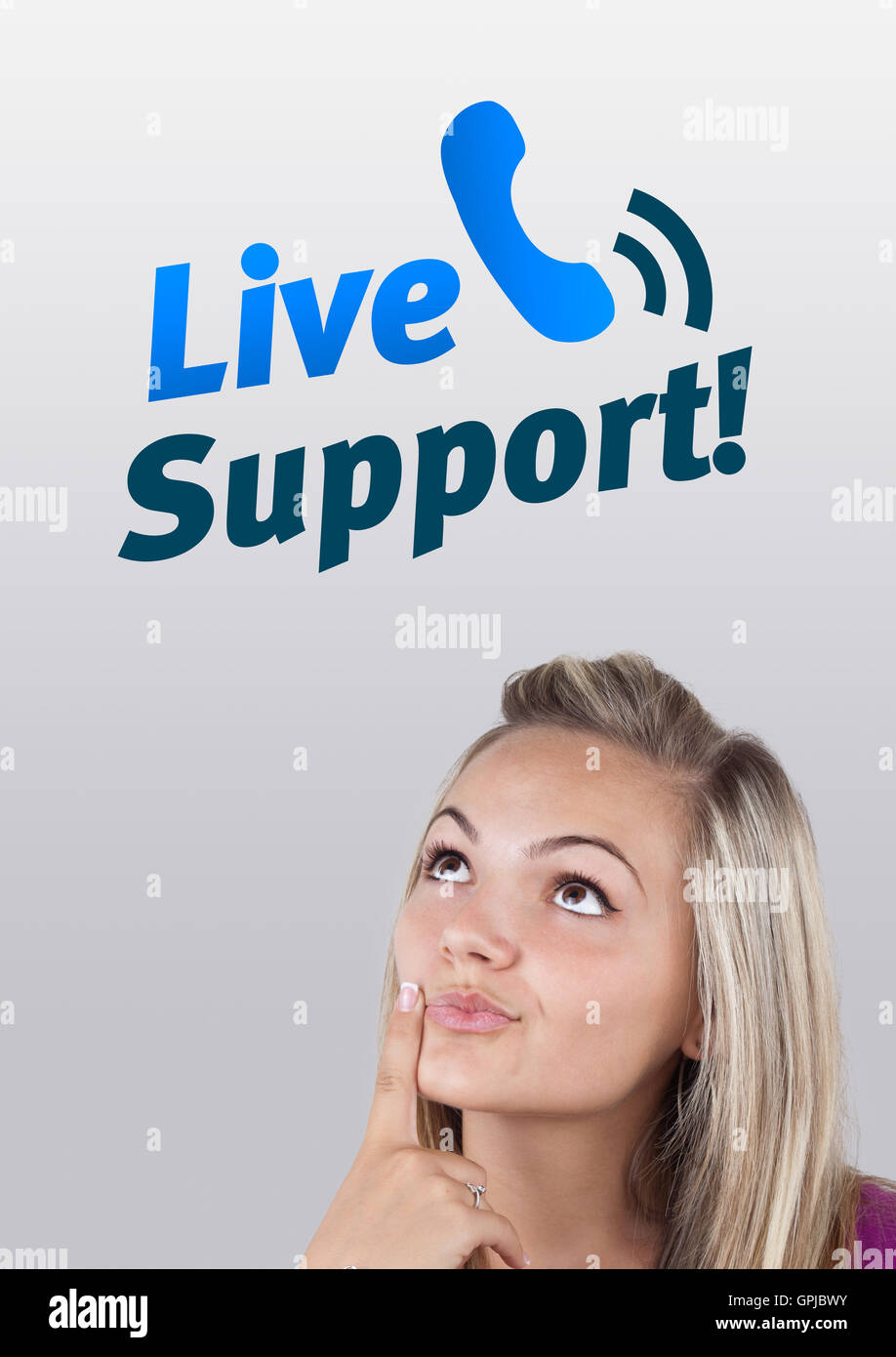 Young girl looking at support contact type of icons and signs Stock ...