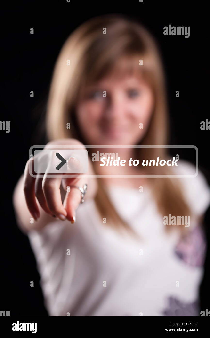 Woman pressing touch screen interface Stock Photo - Alamy