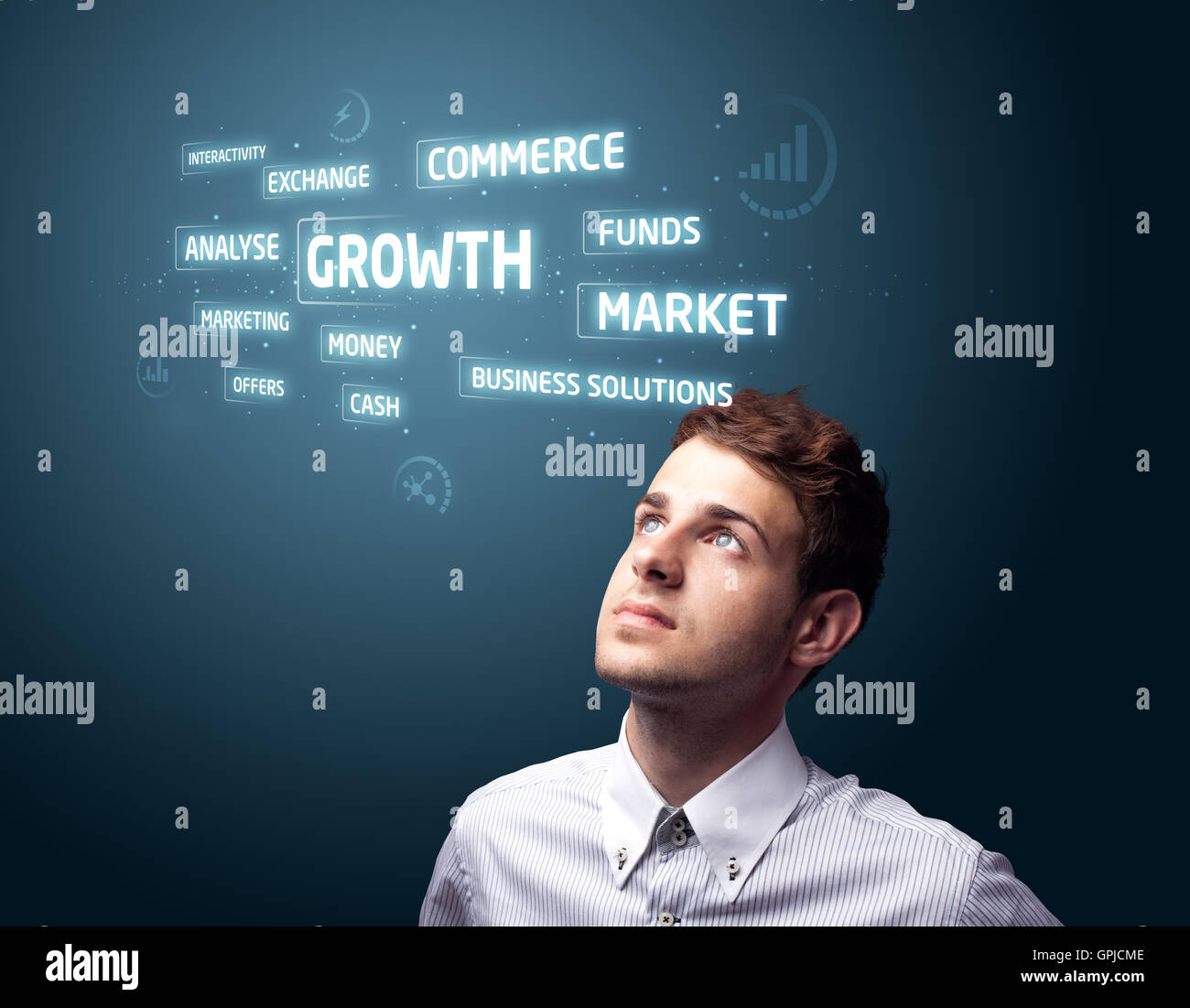 Businessman pressing modern business type of buttons Stock Photo - Alamy