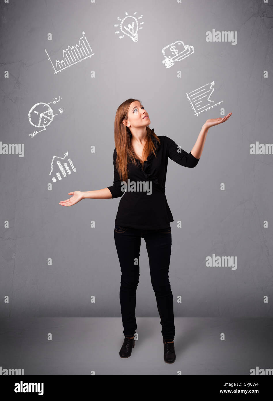 beautiful young woman juggling with statistics and graphs Stock Photo ...